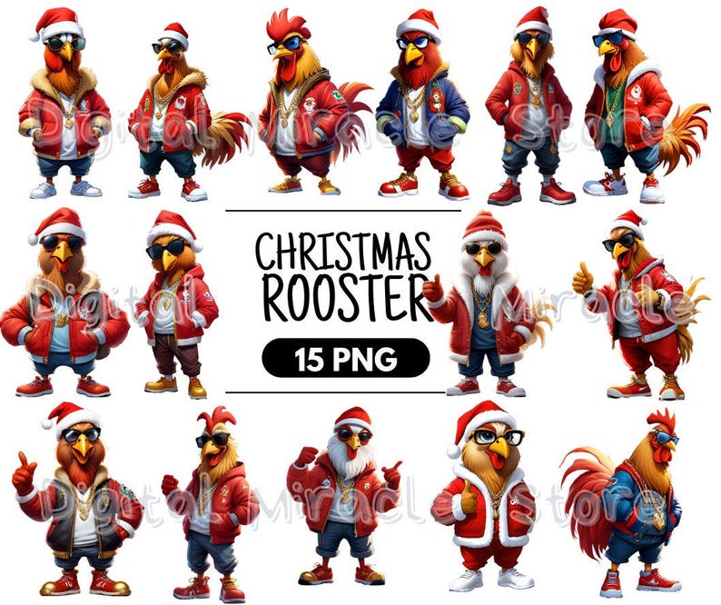 Christmas Chicken, Xmas Rooster Clipart, Rooster With Santa Hat, Hip ...