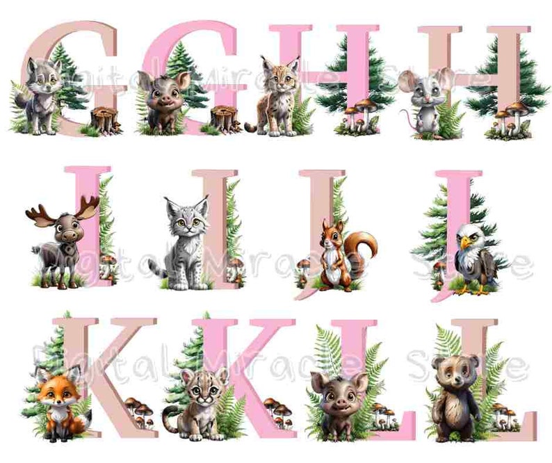 Pink Woodland Letters, Woodland Alphabet, Pink Forest Clipart, Pink ...