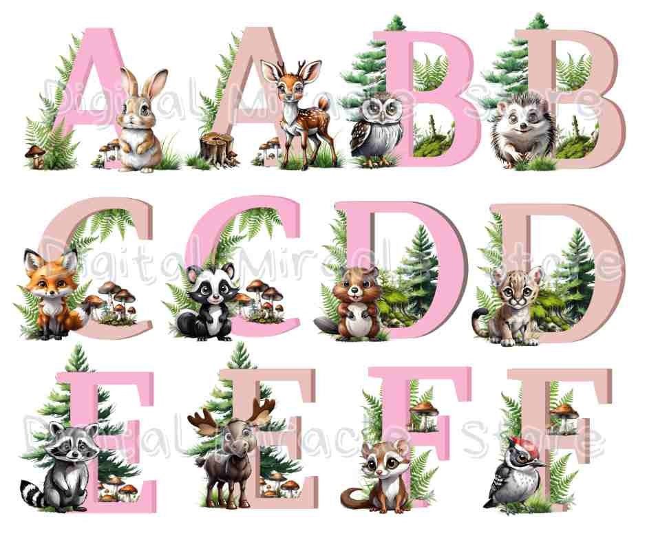 Pink Woodland Letters, Woodland Alphabet, Pink Forest Clipart, Pink ...