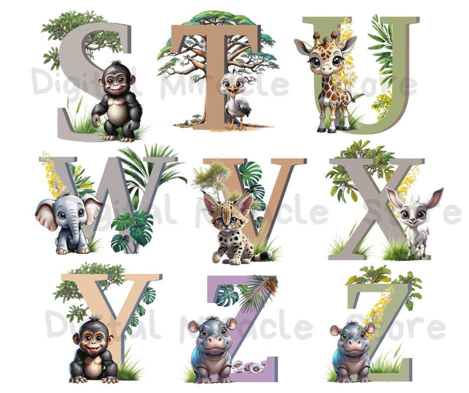 Jungle Alphabet, Cute Safari Animals Clipart, Jungle Animal Clipart ...