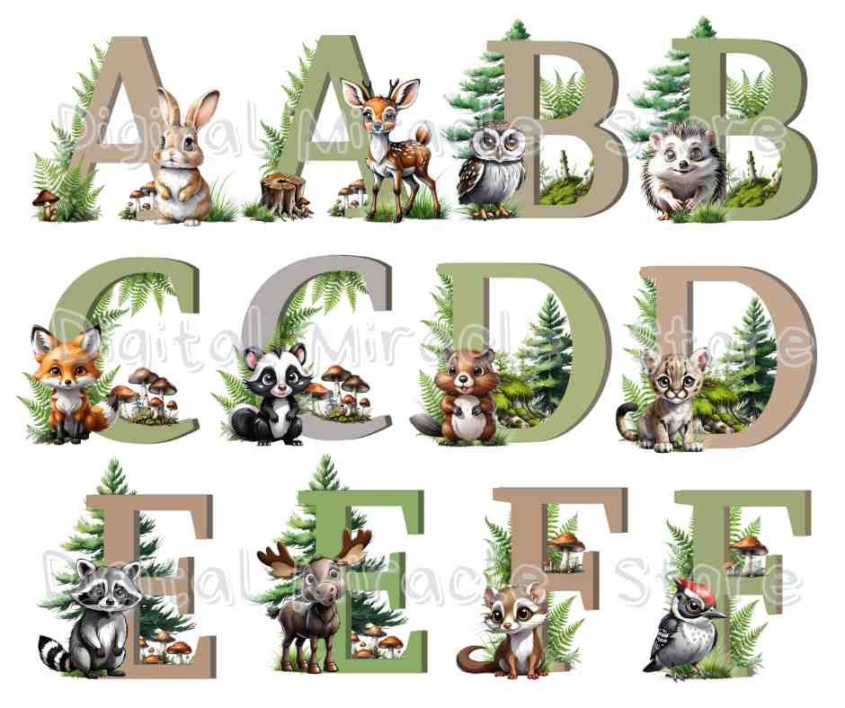 Woodland Alphabet, Forest Alphabet, Woodland Animals Clipart, Cute ...