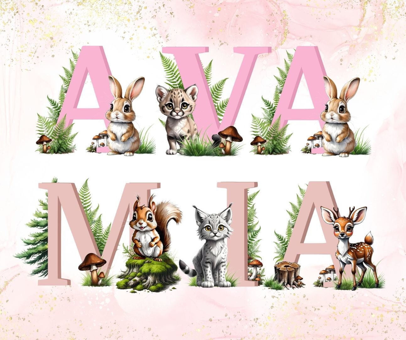 Pink Woodland Letters, Woodland Alphabet, Pink Forest Clipart, Pink ...