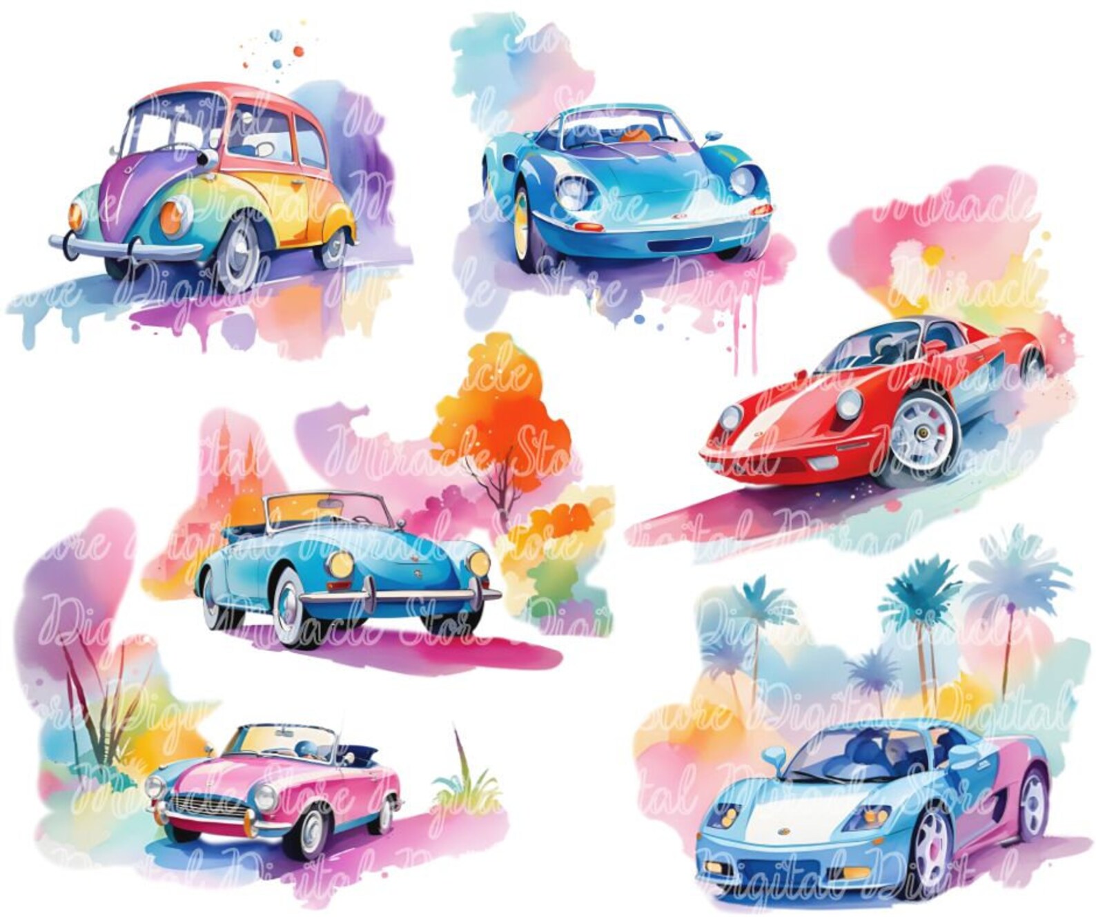 Car Clipart, Cute Car PNG, Watercolor Cars, Vintage Vehicles, Vintage ...