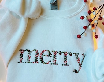 Embroidered Floral Merry Christmas Sweatshirt, Embroidered Christmas ...