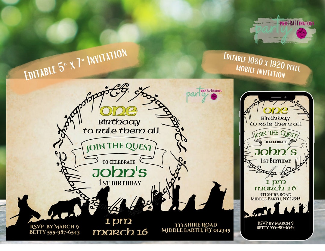 EDITABLE Lord of the Rings Invitation, LOTR, Hobbit, Invite, Digital ...