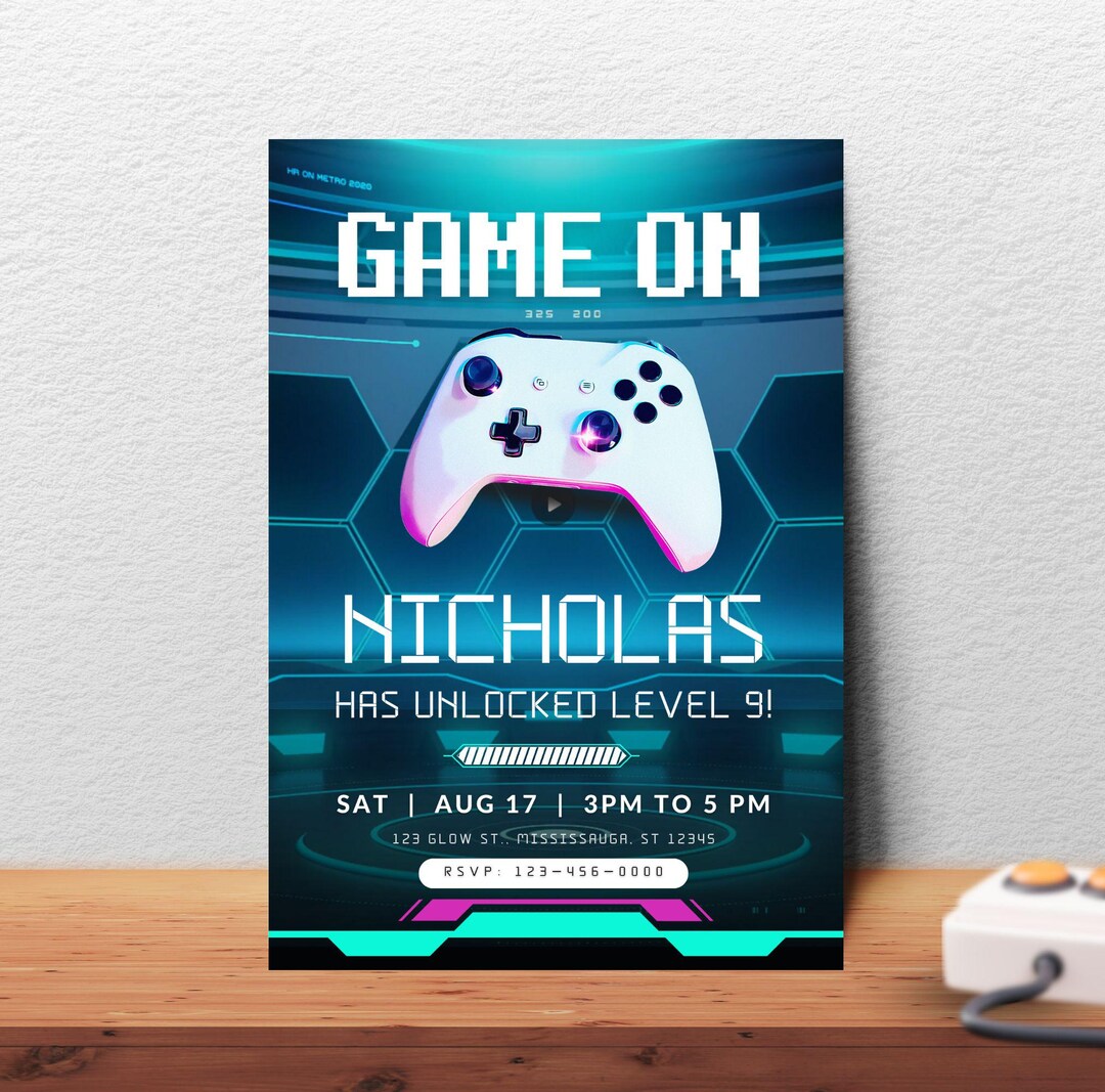 Video Game Birthday Party Invitation Card Template, Digital Gaming ...