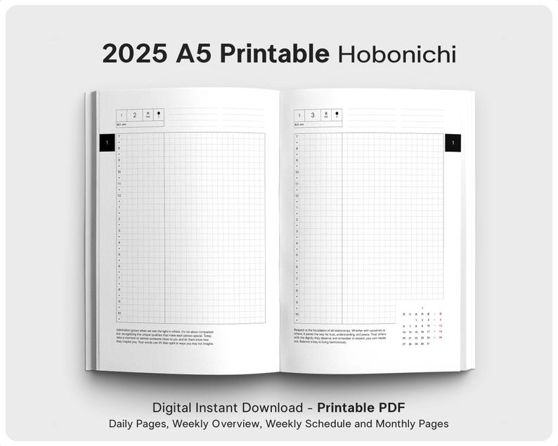 2025 Printable A5 Hobonichi Daily Planner: Weekly Overview, Schedule ...