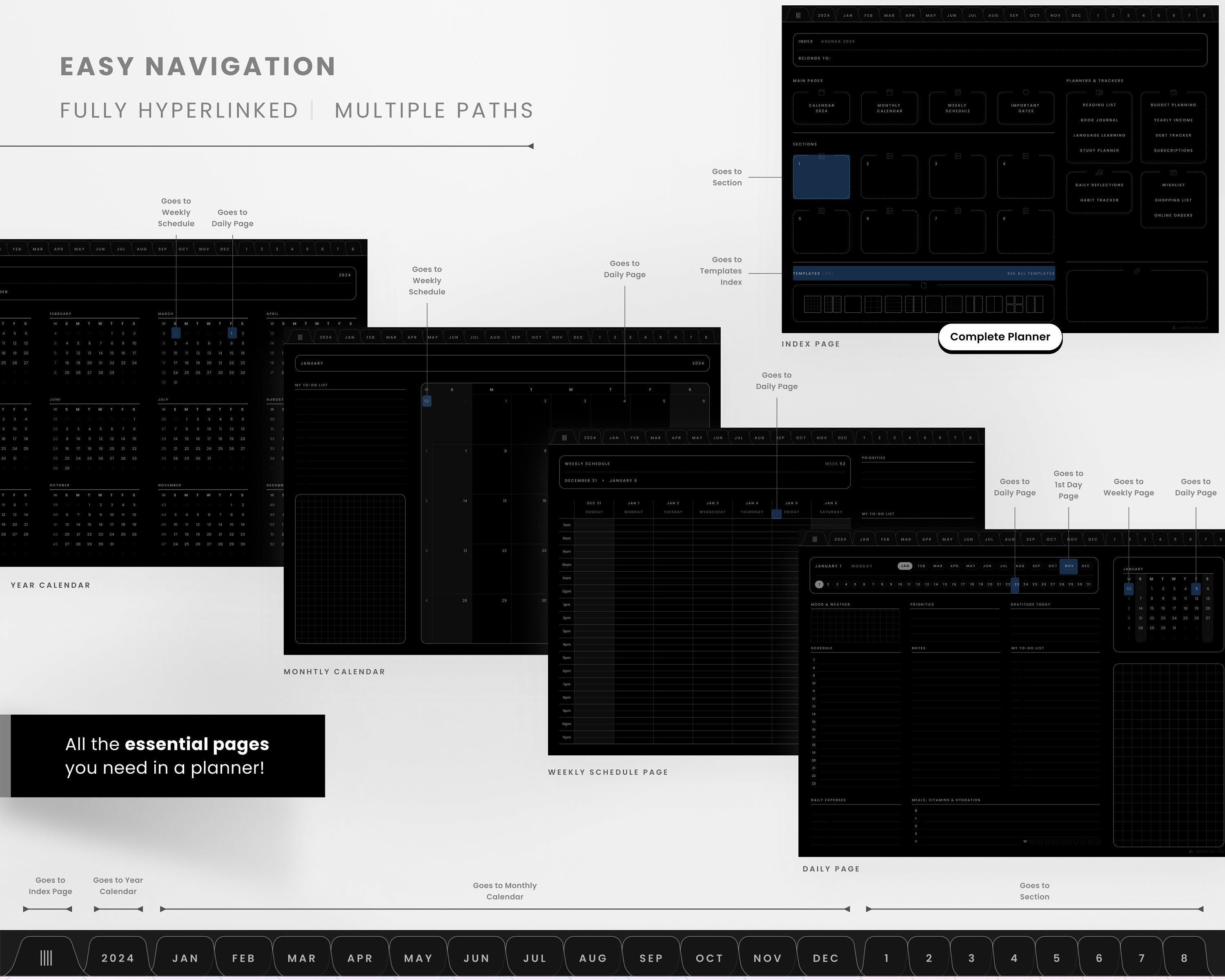 2024 Dark Mode Digital Planner Landscape, 2024 Digital Dated Daily ...