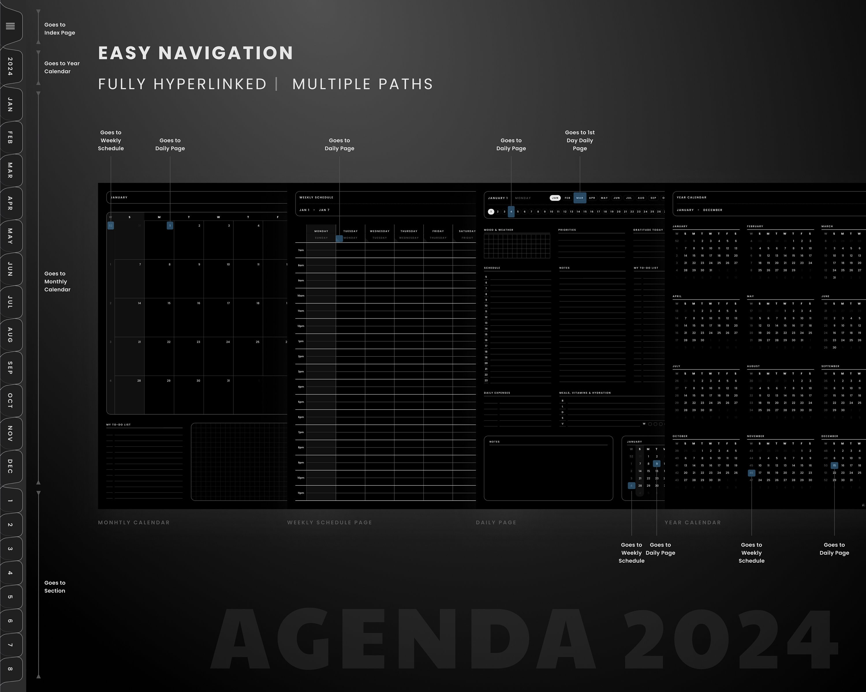 2024 Dark Mode Planner, 2024 Digital Planner in Dark Mode, 2024 Dark ...