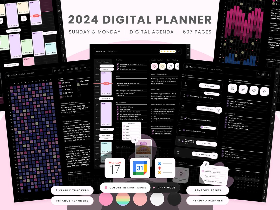 2024 Dark Mode Digital iPad Planner for Goodnotes Portrait Mode, 2024 ...