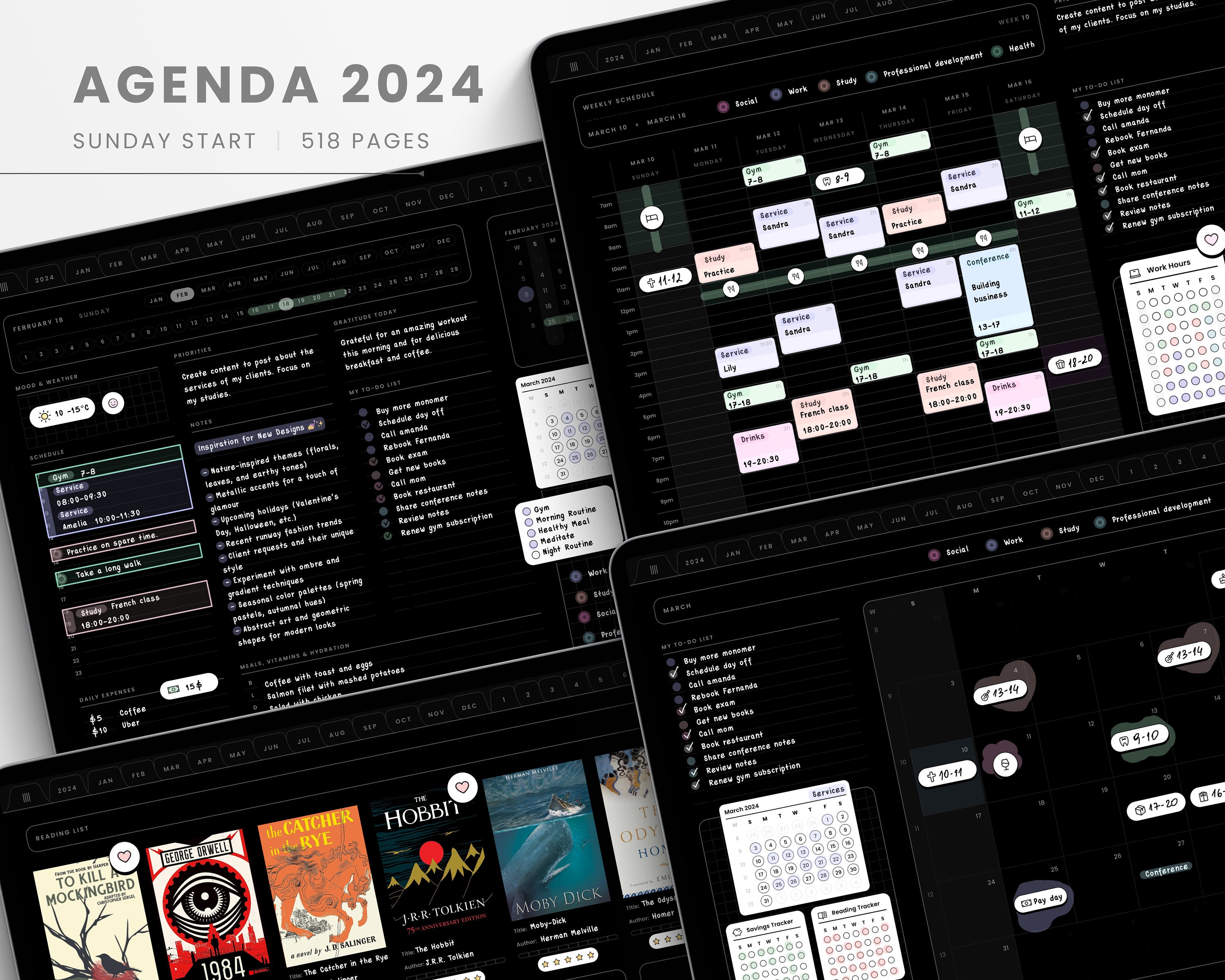 2024 Dark Mode Digital Planner Landscape, 2024 Digital Dated Daily ...