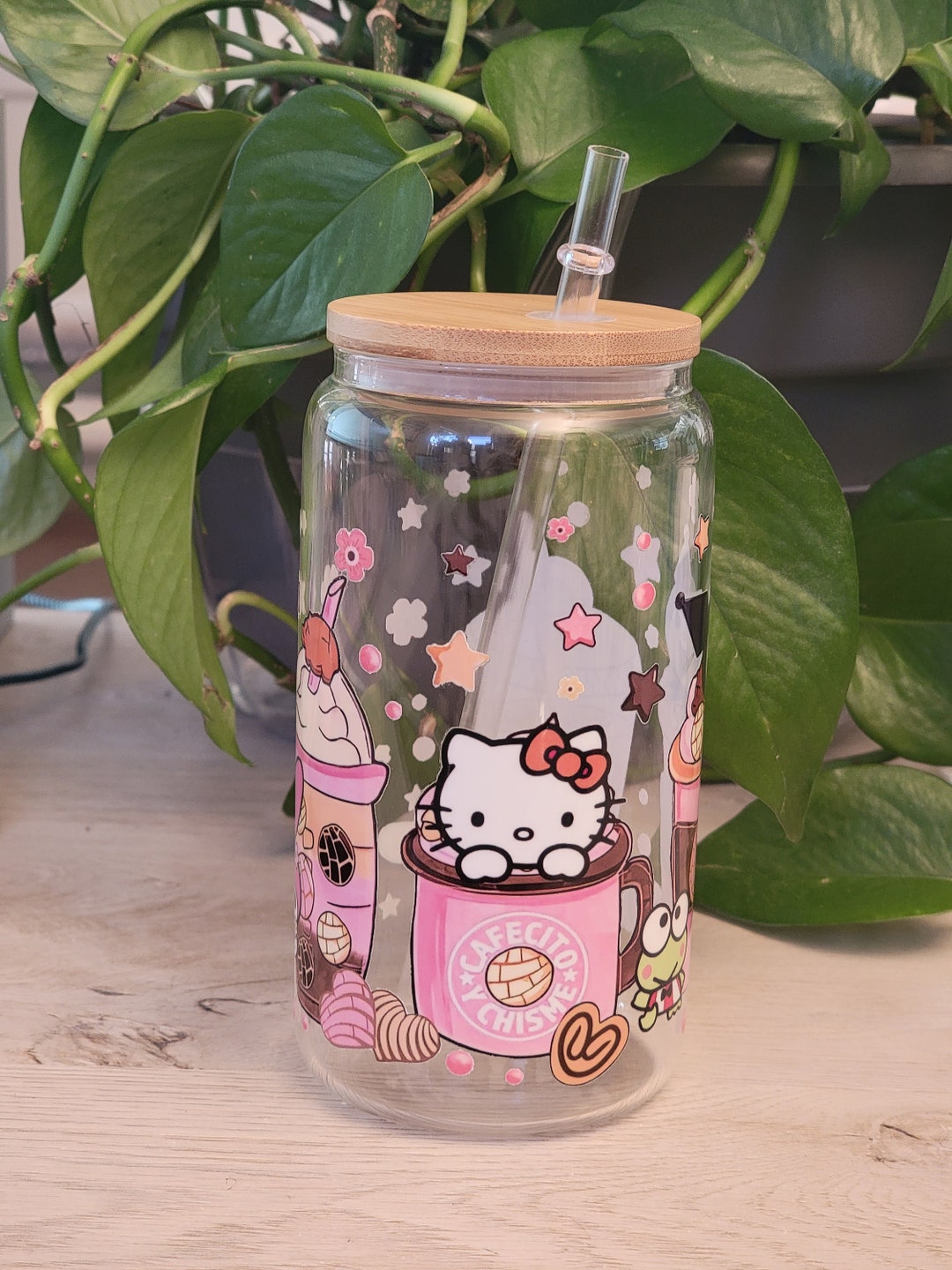 16oz Clear Glass Can Hello Kitty Cafecito Y Chisme Bamboo Lid, Reusable ...