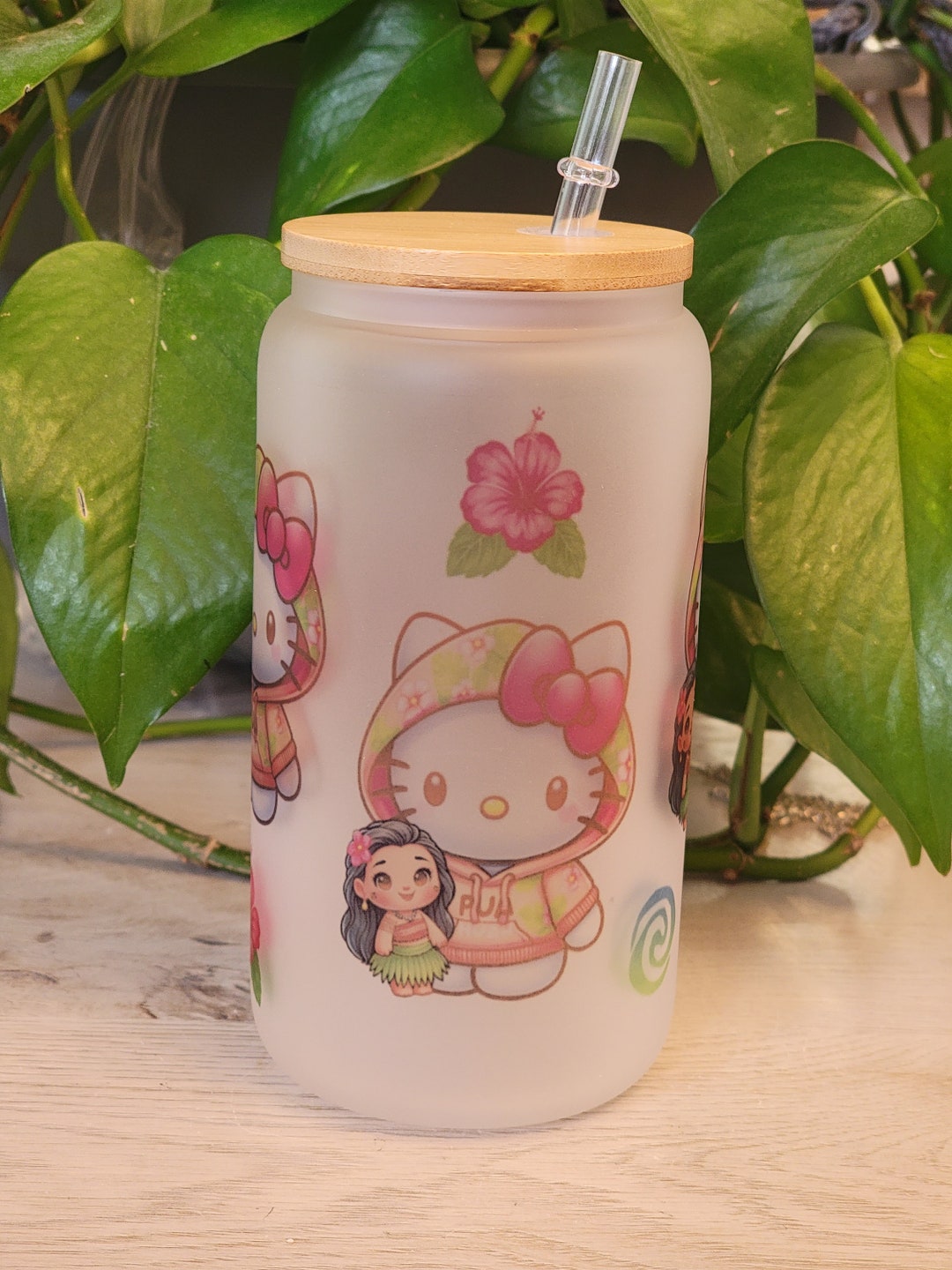 16oz Frosted Glass Can Hello Kitty With Moana Doll Bamboo Lid, Reusable ...