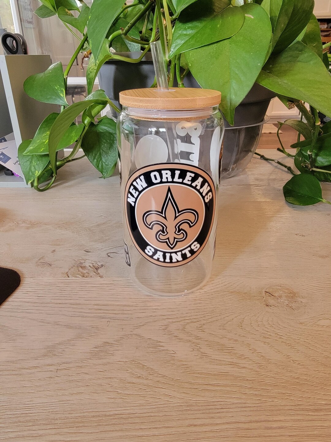 16oz Clear Glass Can, Saints, With Bamboo Lid and Reusable Straw - Etsy