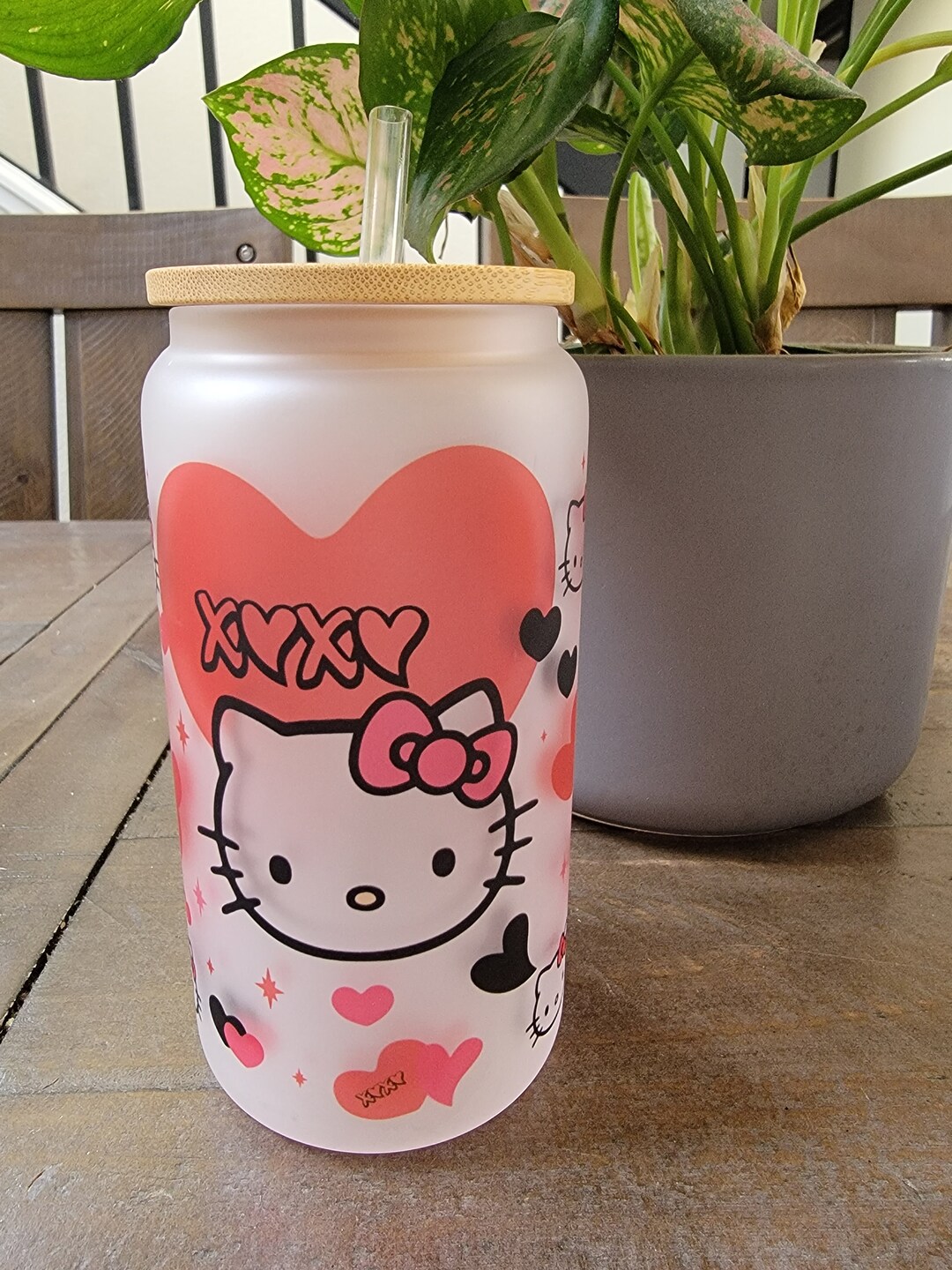 16oz Frosted Glass Can Hello Kitty Xoxo Bamboo Lid, Reusable Straw - Etsy