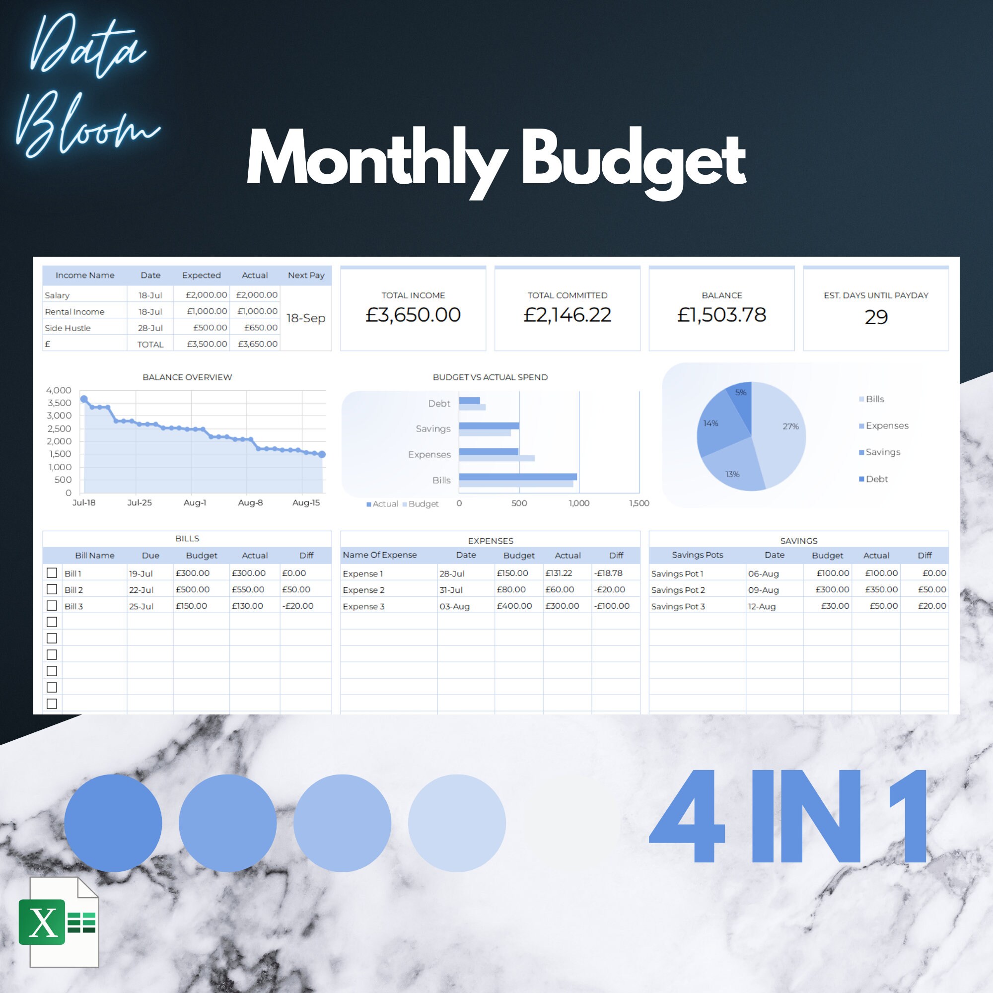 Monthly Budget, Excel Monthly Budget, Budget, Premium Budget, Monthly ...