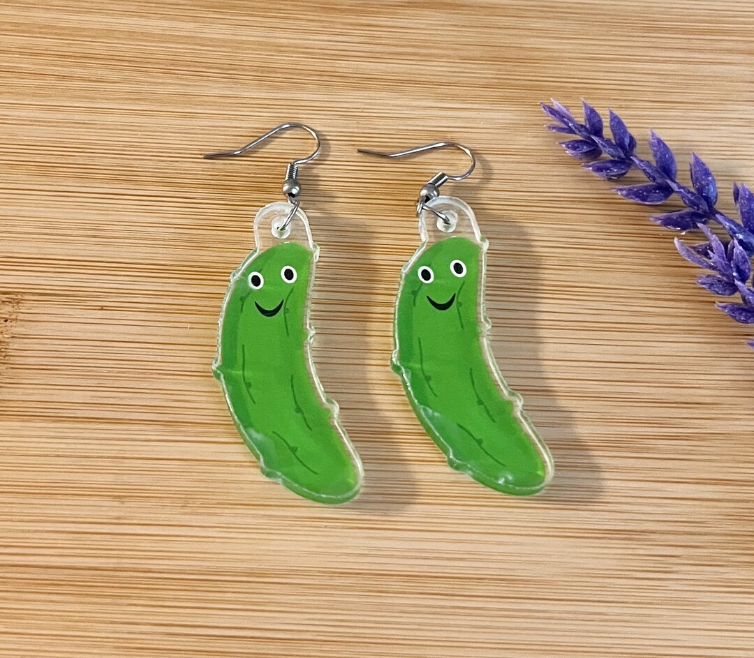 Green Pickle Earrings Original Art Food Earrings Everyday - Etsy