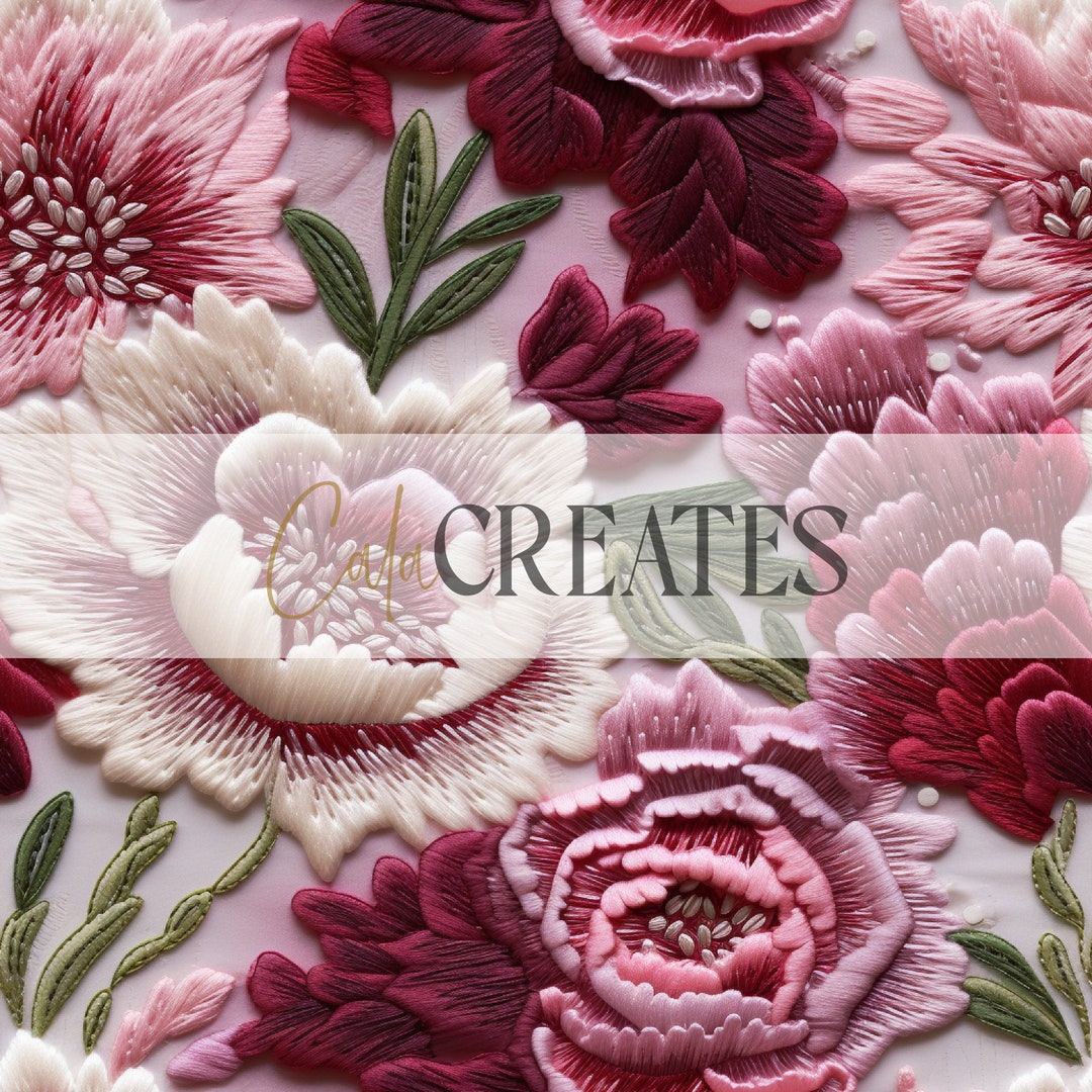 Pink Peonies Embroidery Pattern Seamless Pattern - Etsy