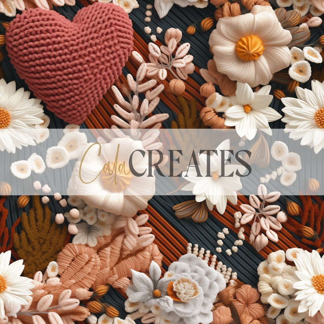 Cottagecore Knit Floral Hearts Embroidery Pattern | Seamless Pattern ...