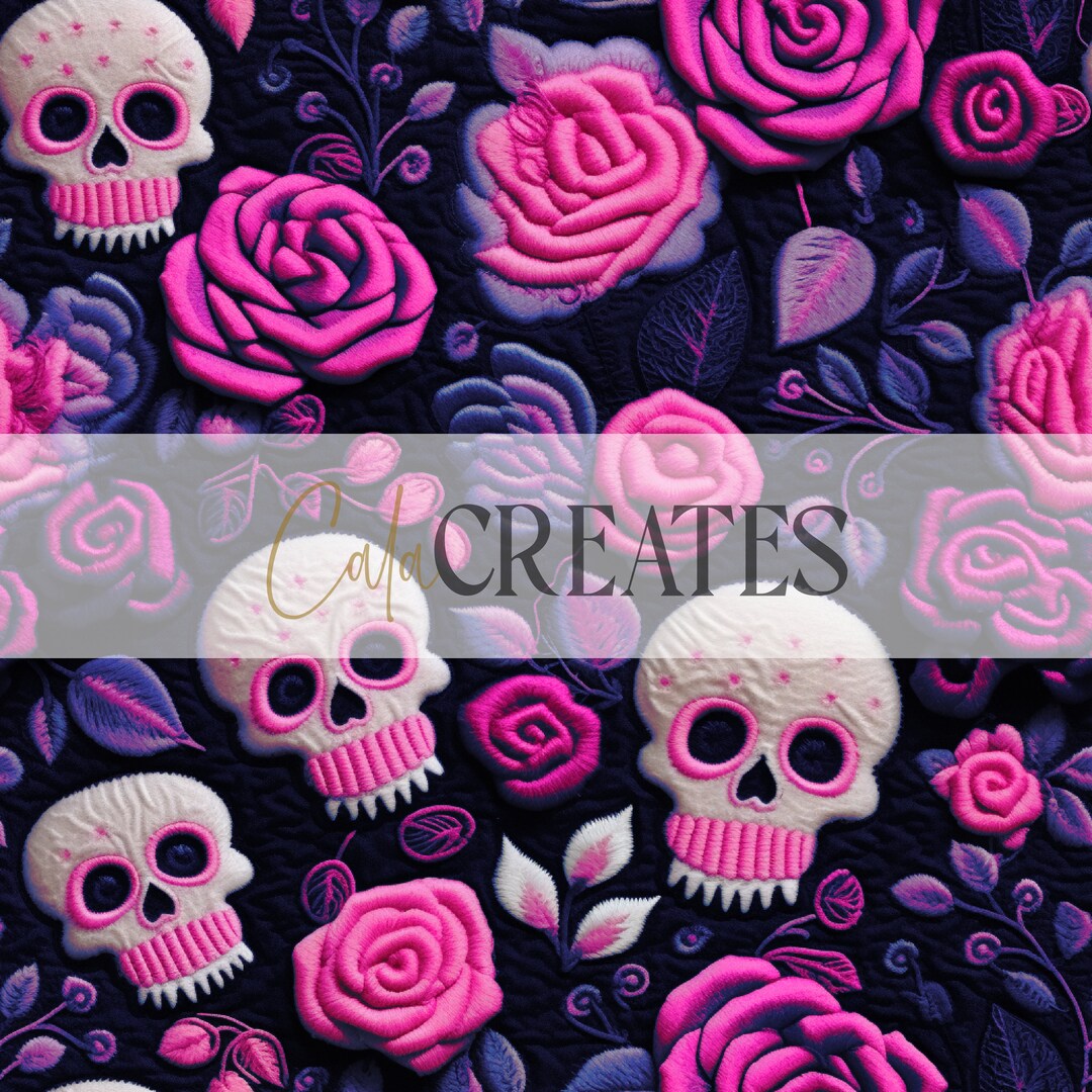 Pink Skulls and Roses Embroidery Pattern | Seamless Pattern - Etsy