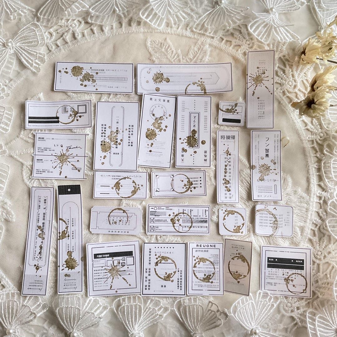 Vintage Japanese Train Ticket Stickers, Coffee Stain Ephemera (26 Pc ...