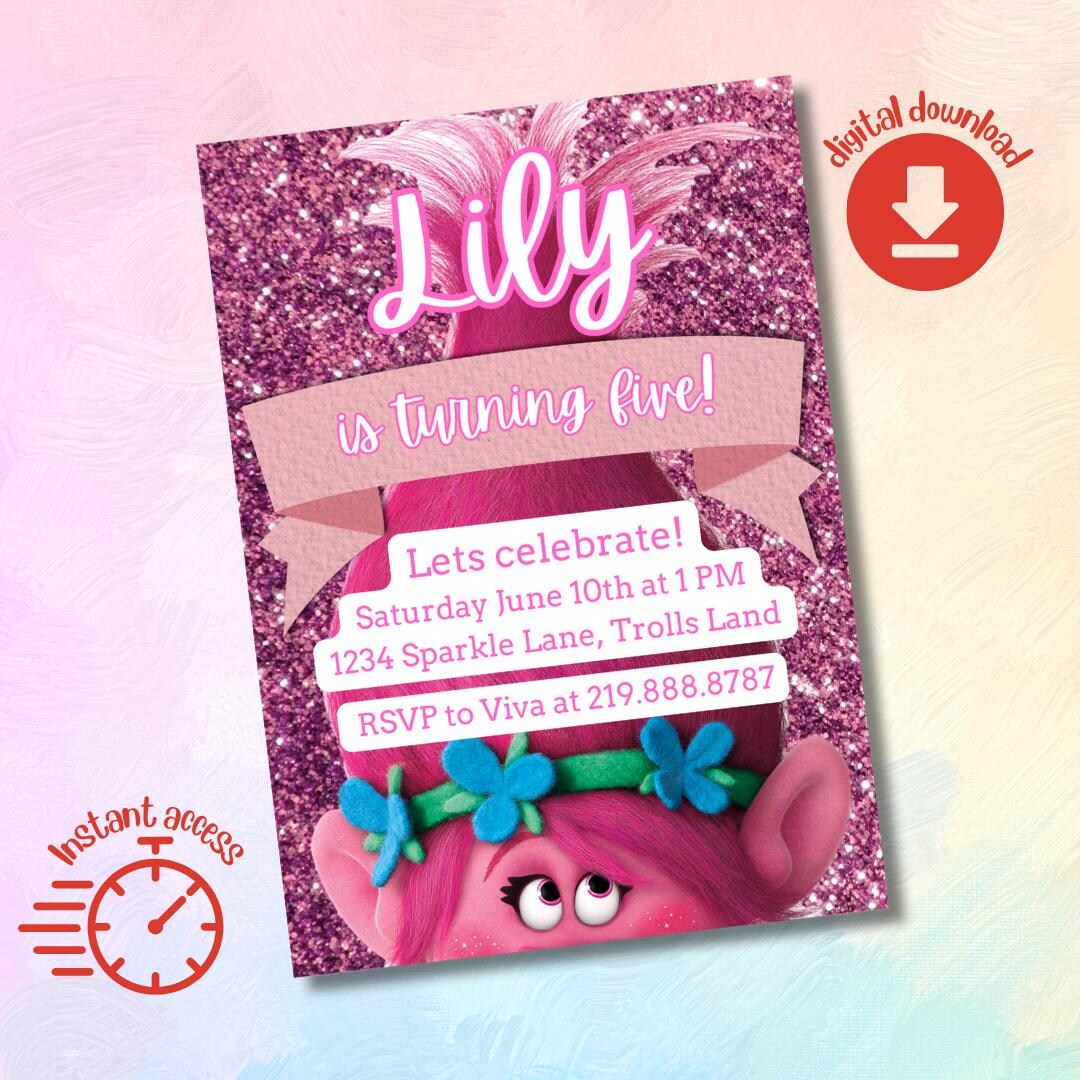 Trolls Birthday Invitation: Princess Poppy Party, Editable (digital ...
