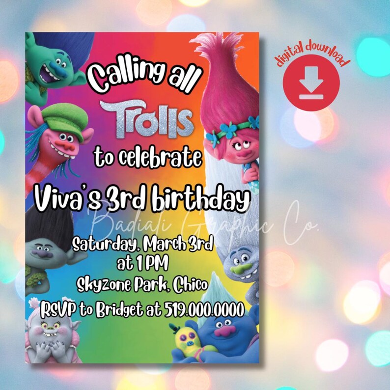 Trolls Invitation Birthday | Trolls-themed Kids' Birthday Invitation ...