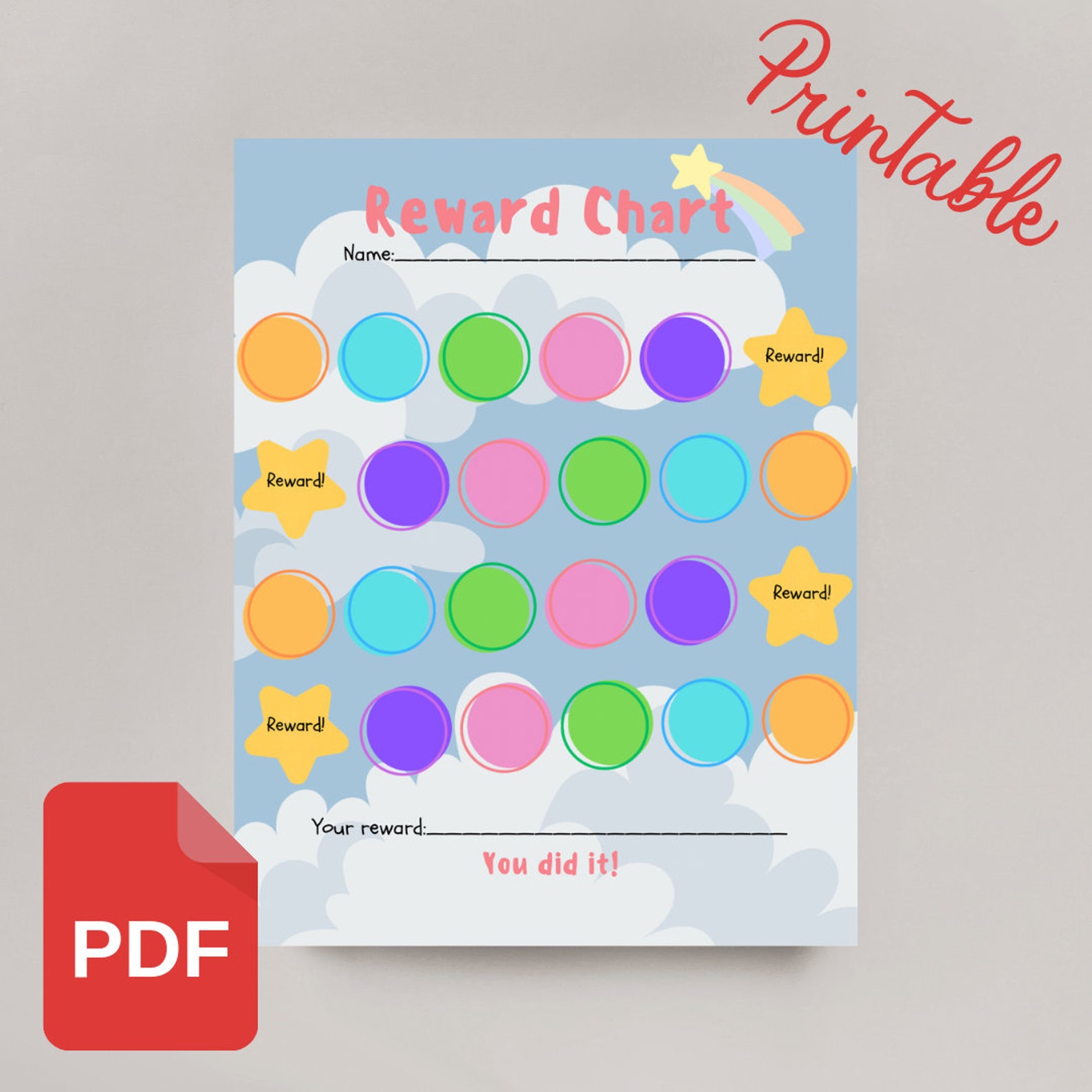 Printable Reward Chart Kids Digital Download PDF Reward Sticker Chart ...