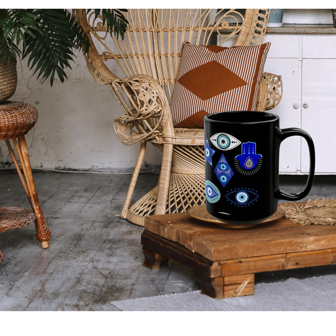 Hansa Hand Third Eye Black Mug: Spiritual Boho Gift - Etsy