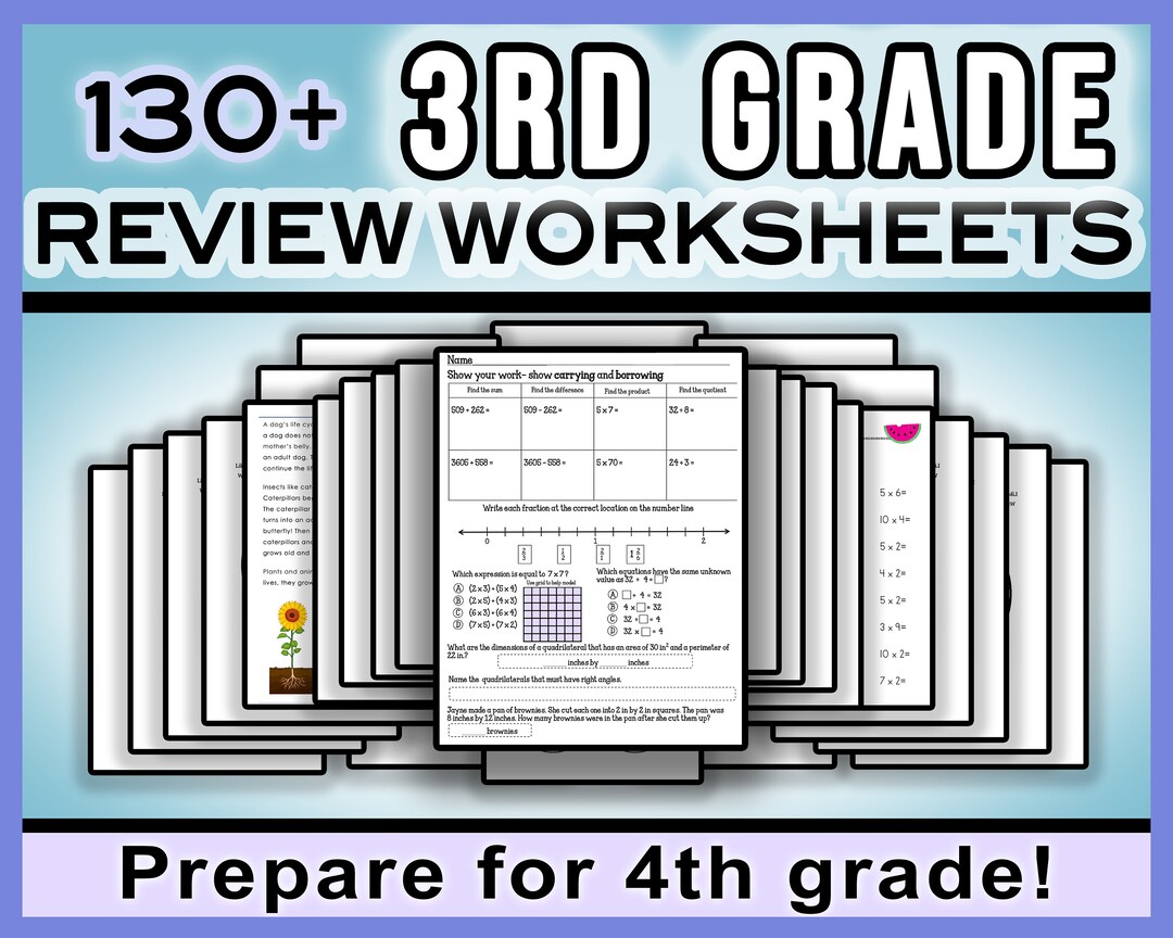 3rd Grade Worksheets Review Packet for Entering 4th Grade Reading, Math ...