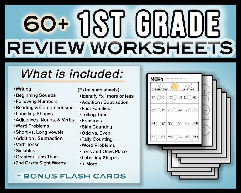1st Grade Worksheets Review Packet for Entering 2nd Grade • Reading ...