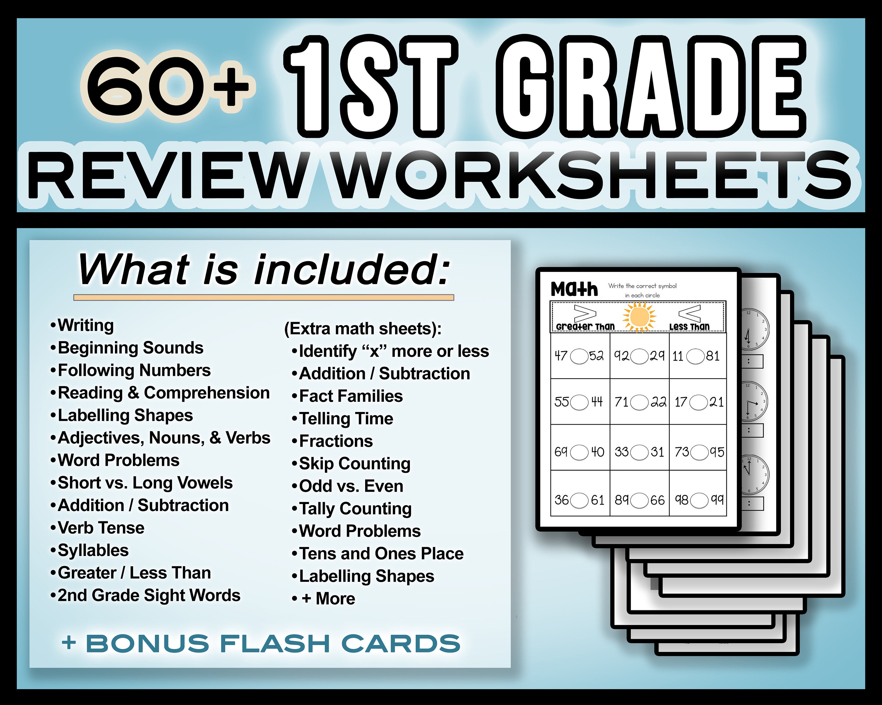 1st Grade Worksheets Review Packet for Entering 2nd Grade • Reading ...