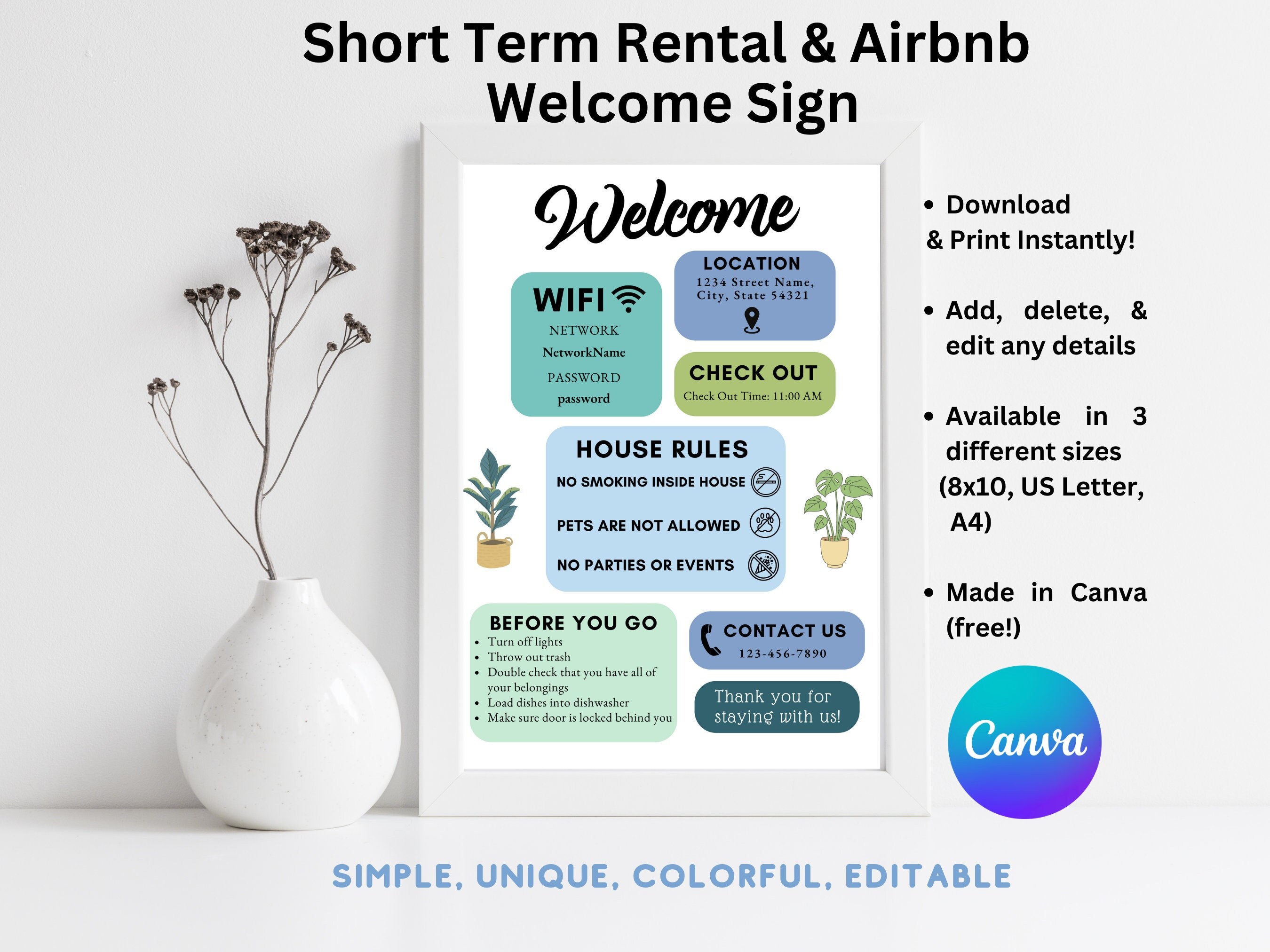 Editable Airbnb Welcome Sign, Printable Short Term Rental Sign, Canva ...