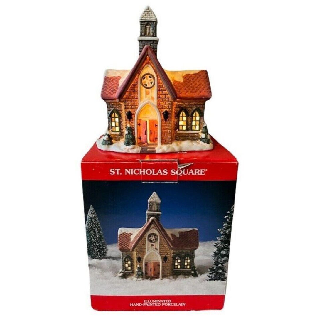 VTG St. Nicholas Square Lighted Hand-painted Porcelain Church W ...