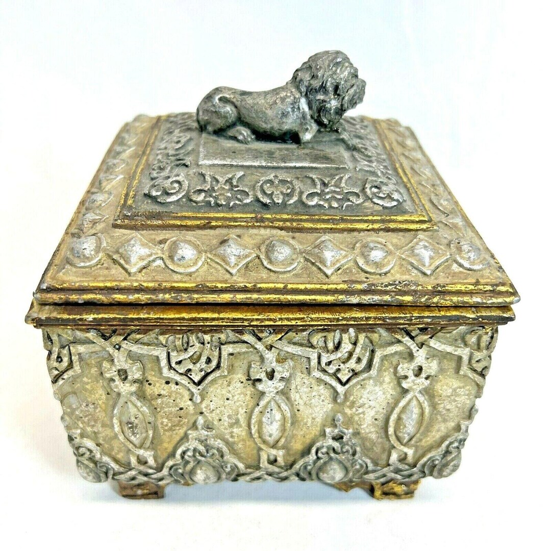 Vintage Old World Trinket Jewelry Box With Lid W/ Lion Handle Gold ...