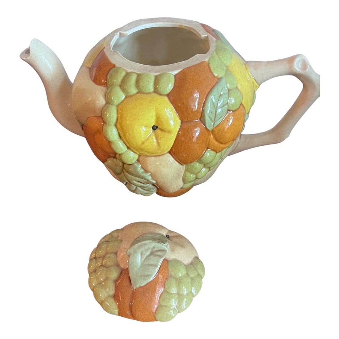 Vtg Italian Style Teapot With Lid Orange Green Ceramic Embossed Fruit ...