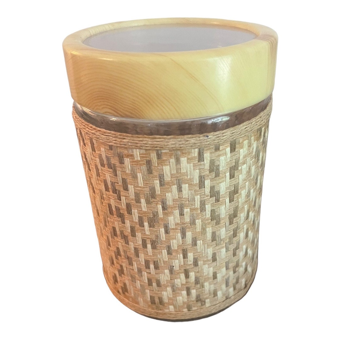 Vtg Glass Canister Rattan Wicker Sleeve Plastic Wood Grain Lid MCM - Etsy