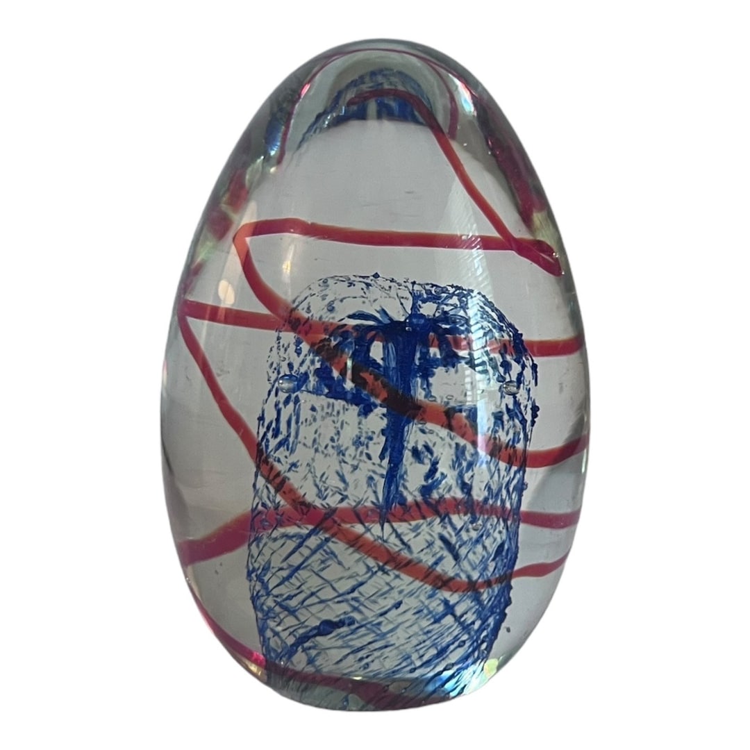 Art Glass Paperweight Egg Shaped Red Swirl Blue Lattice Design Hand ...