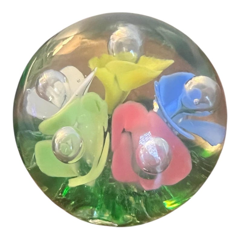Vtg Joe St Clair Art Glass Paperweight, Multi Trumpet Flowers ...