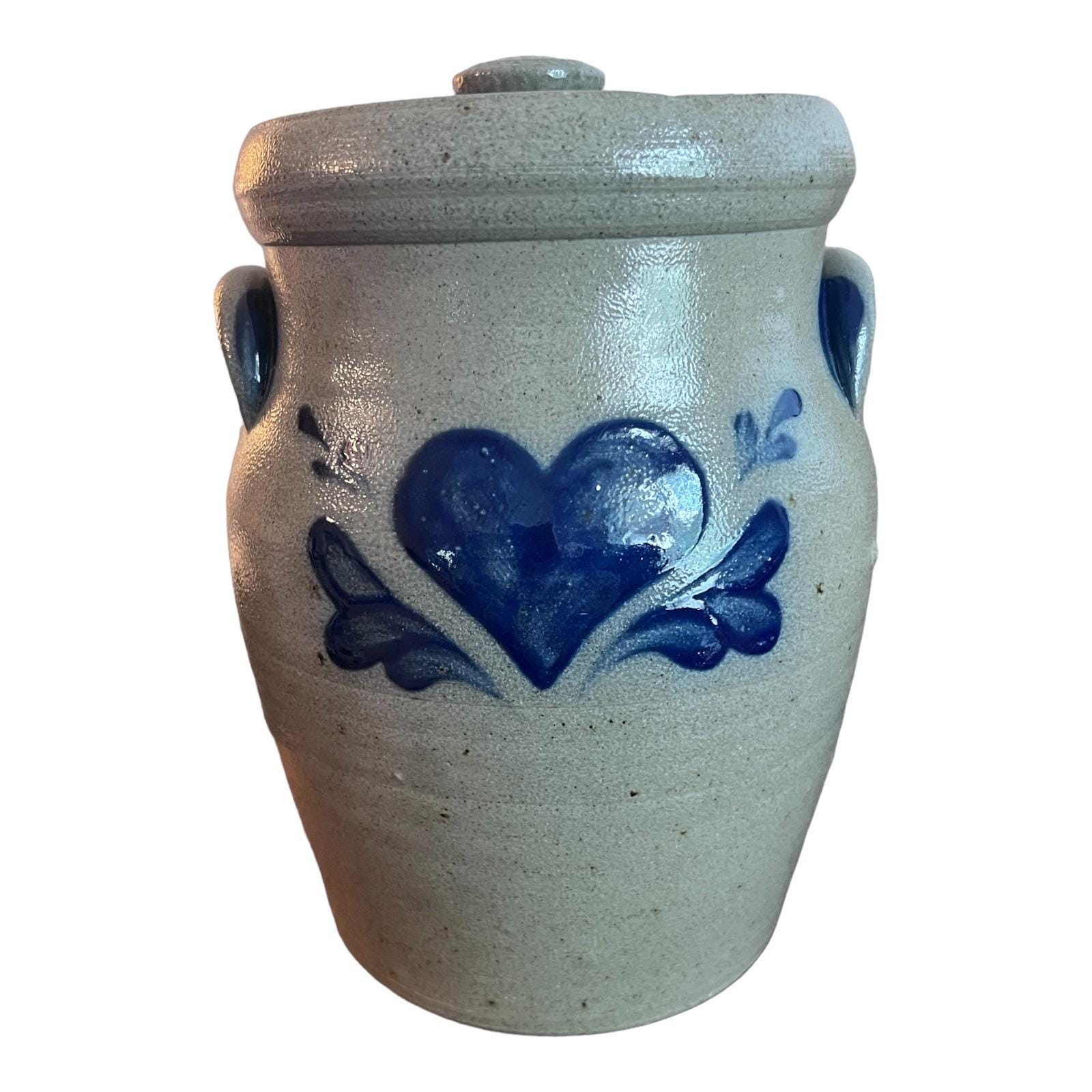 Rowe Pottery Stoneware Salt Glaze Croc Blue Heart Motif Lid 1995 ...