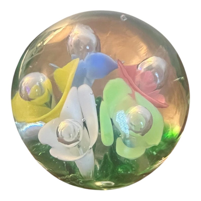 Vtg Joe St Clair Art Glass Paperweight, Multi Trumpet Flowers ...