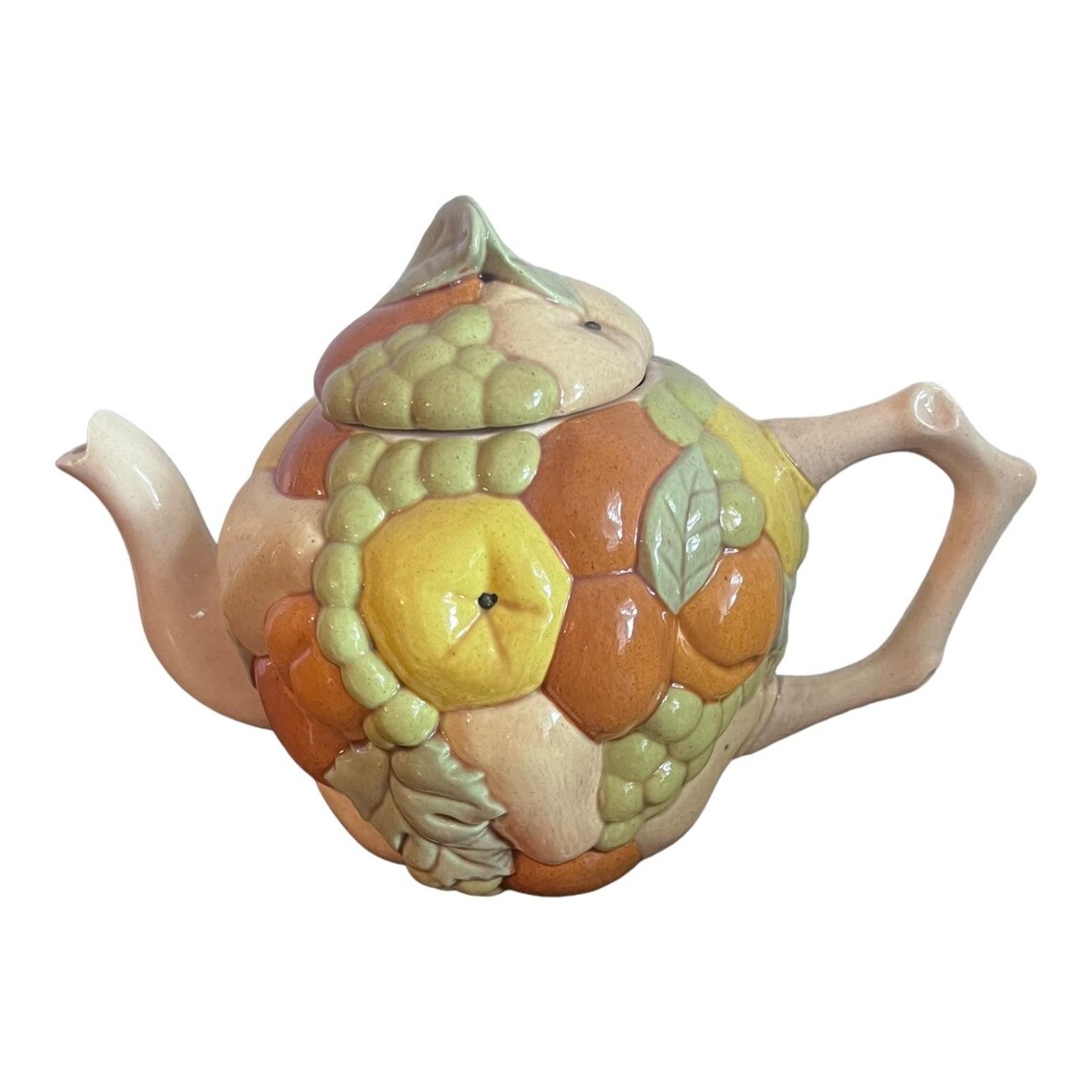 Vtg Italian Style Teapot With Lid Orange Green Ceramic Embossed Fruit ...