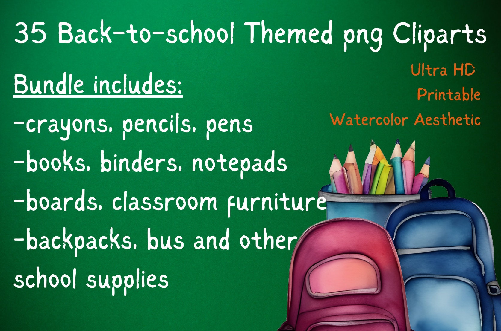 Watercolor Back-to-school Clipart Bundle - 35pcs - Ultra HD - Printable ...