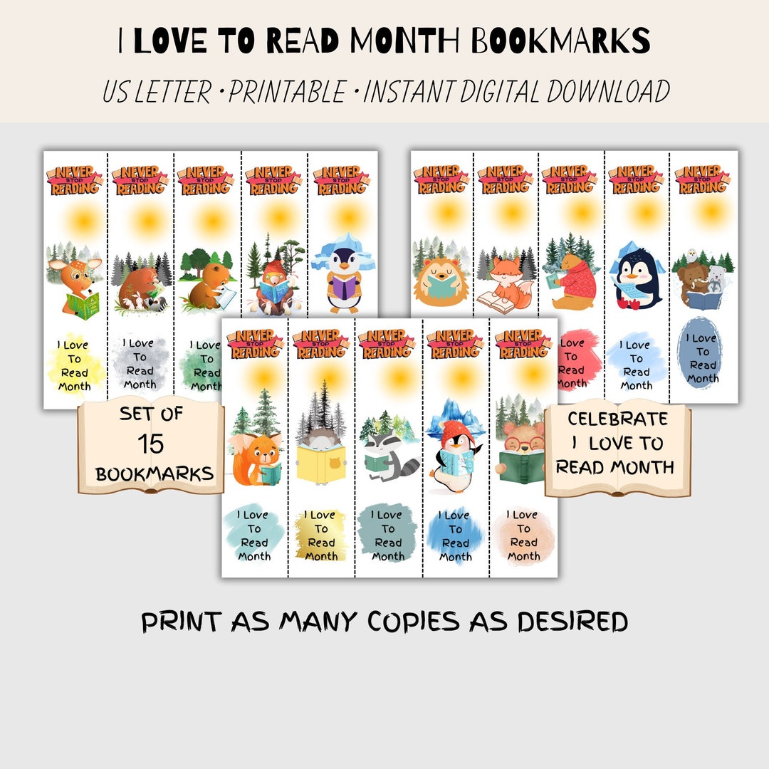 Set of 15 Printable I Love to Read Month Bookmarks/kids I Love to Read ...
