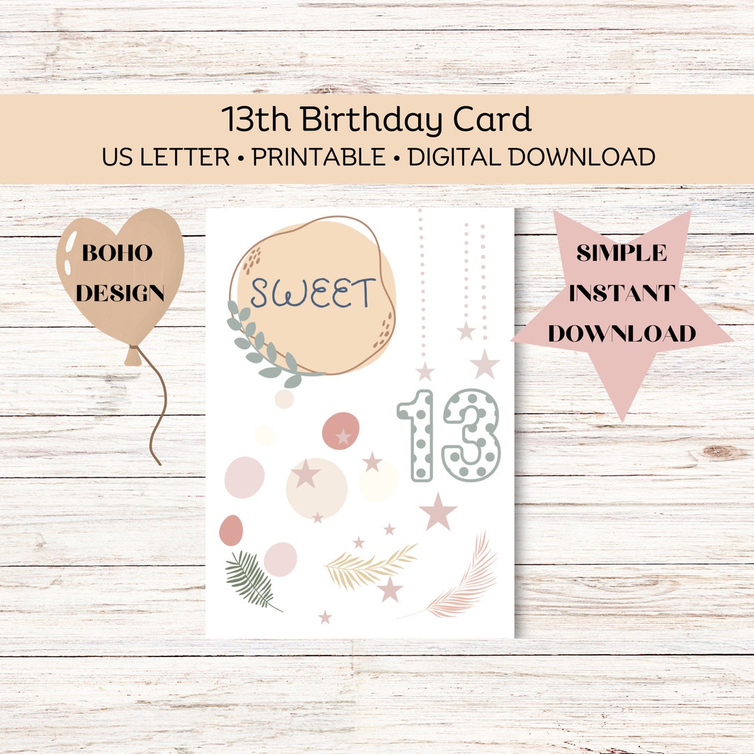 Printable 13th Birthday Card for Girl/ Boho Design 13th Birthday Card ...