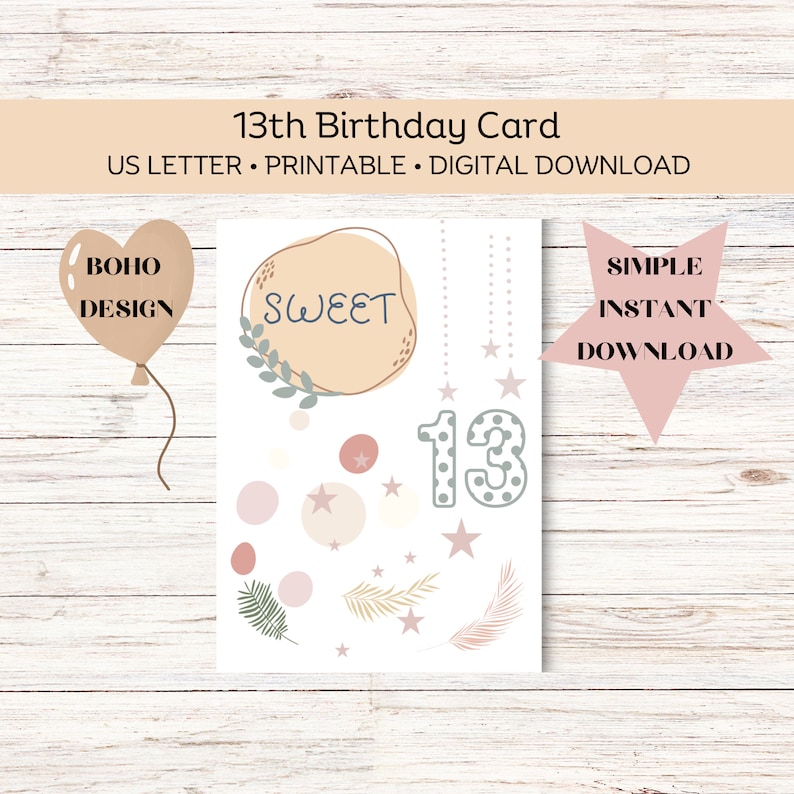 Printable 13th Birthday Card for Girl/ Boho Design 13th Birthday Card ...