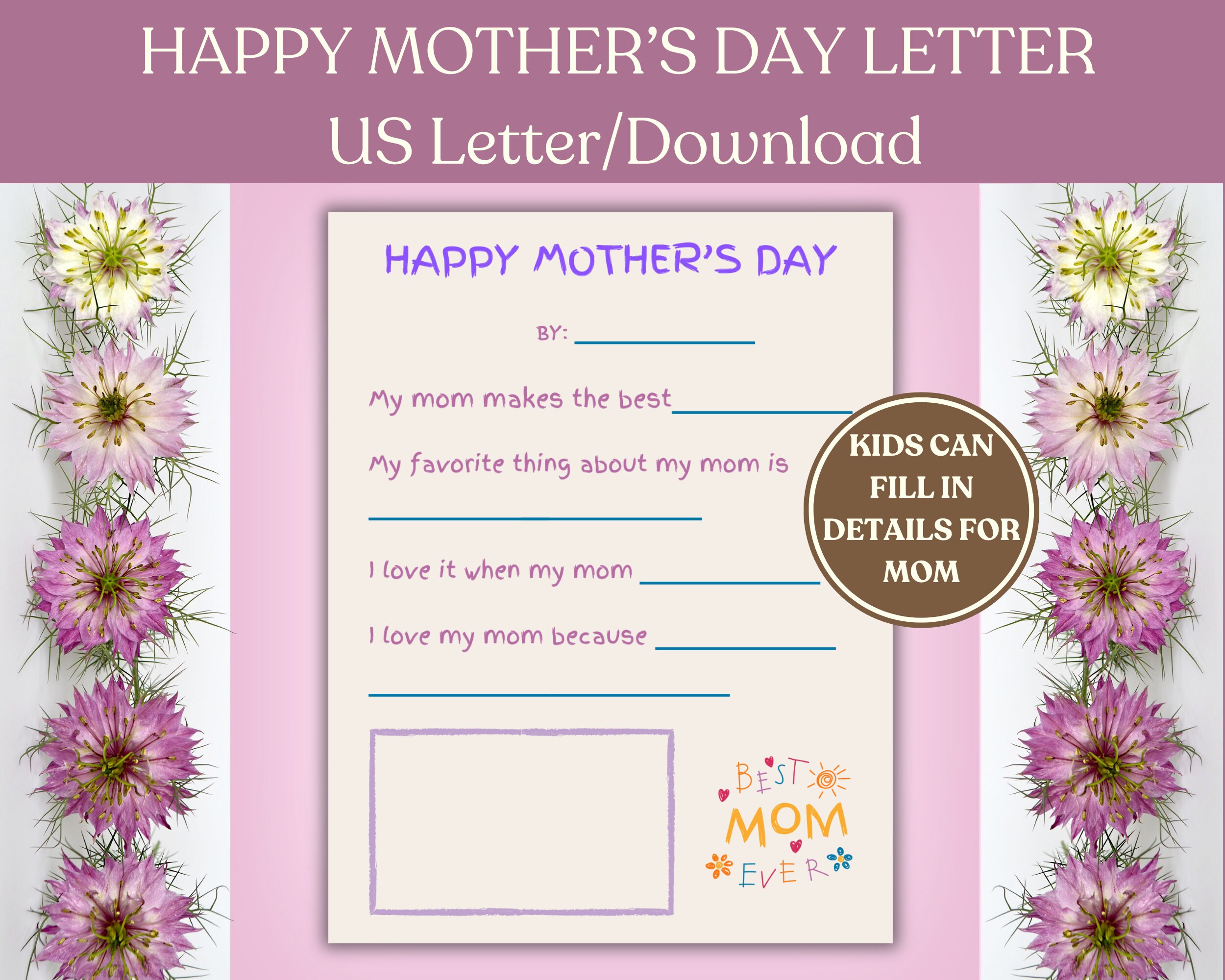 Printable Mother's Day Letter From Kids/fillable Mother's Day Letter ...