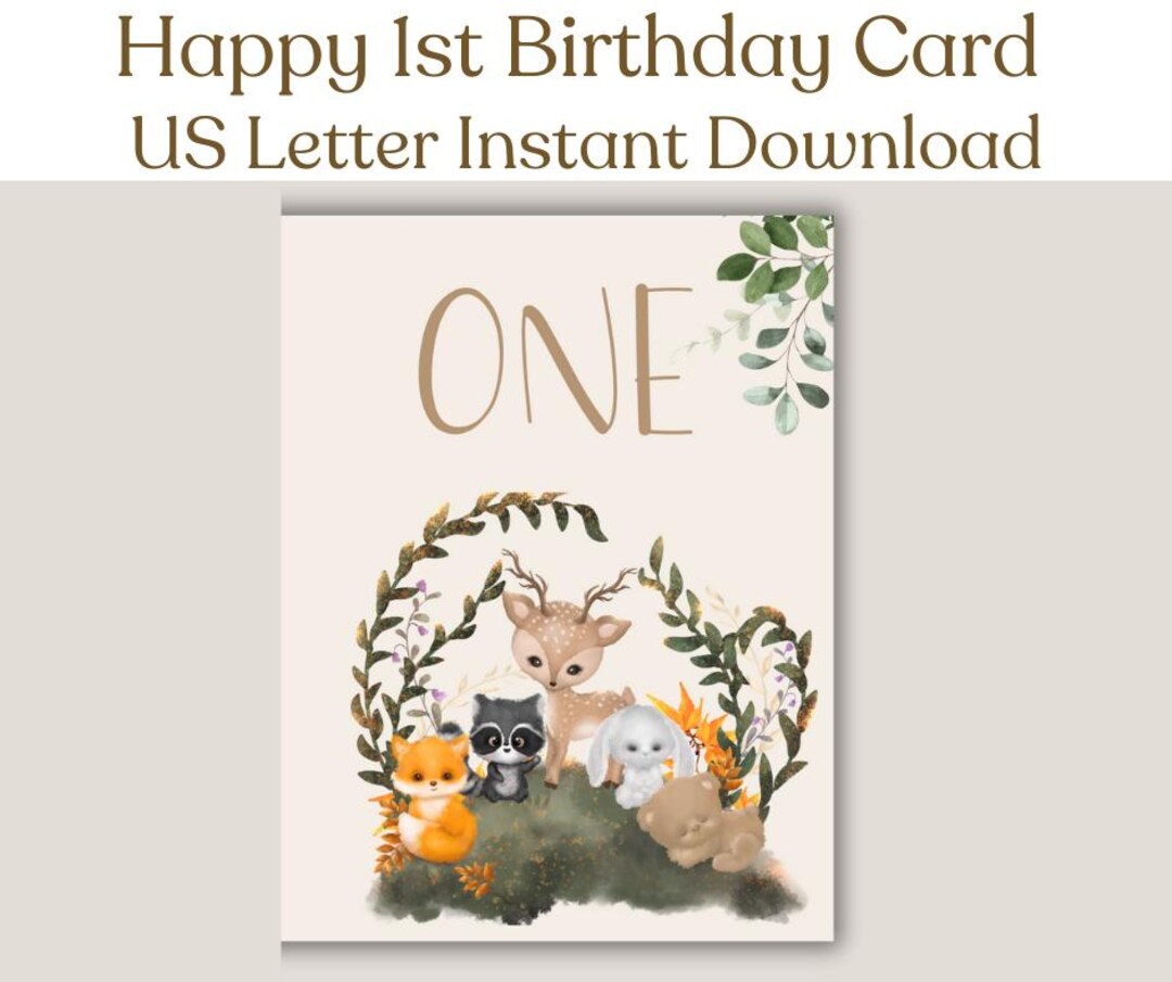 Happy 1st Birthday Card Forest Animal Babies/printable 1st Birthday ...