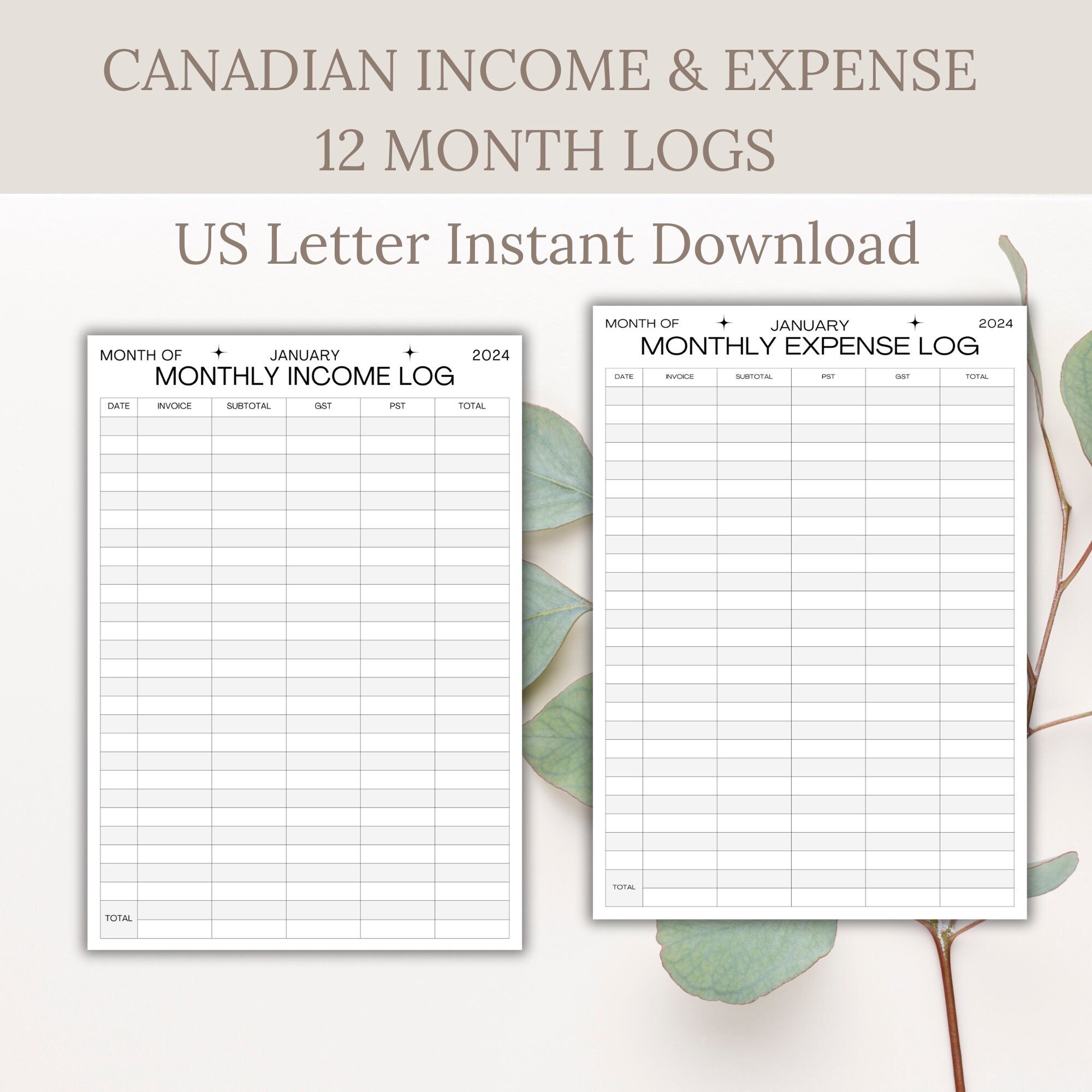 2024 12 Month Canadian Income and Expense Log Sheets/income and Expense ...