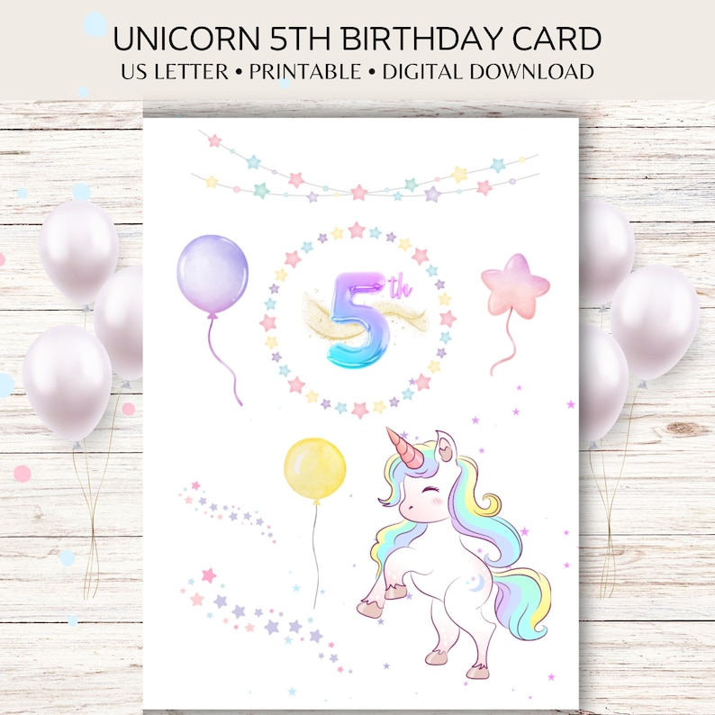 Printable Unicorn 5th Birthday Card (digital Download) - Etsy